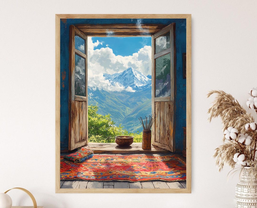 Rustic Window With Himalayan View Illustration, Rugs and Incense Art ...
