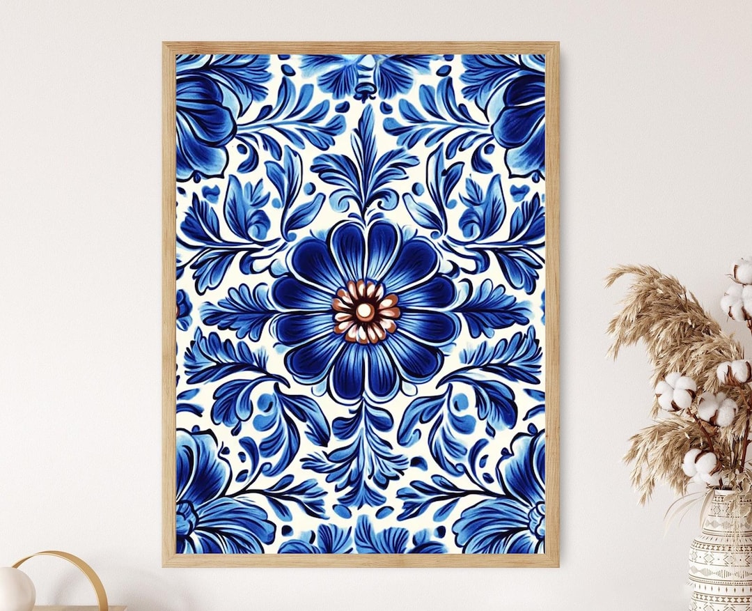 Blue Talavera Floral Pattern Art Print, Mexican Tile Inspired Decor - Etsy