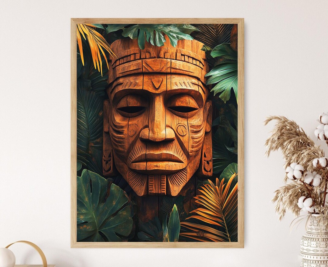 Jamaican Ancestral Wood Carving Art Print, Tropical Foliage Background ...