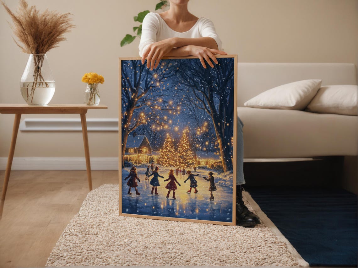 Children Ice Skating Art Print, Frozen Pond and Falling Snow - Etsy