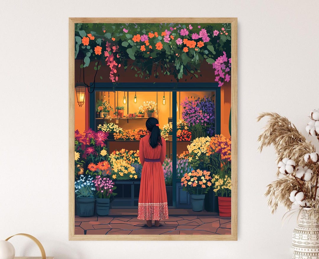 Laos Flower Shop Illustration, Colorful Oriental Wall Art - Etsy