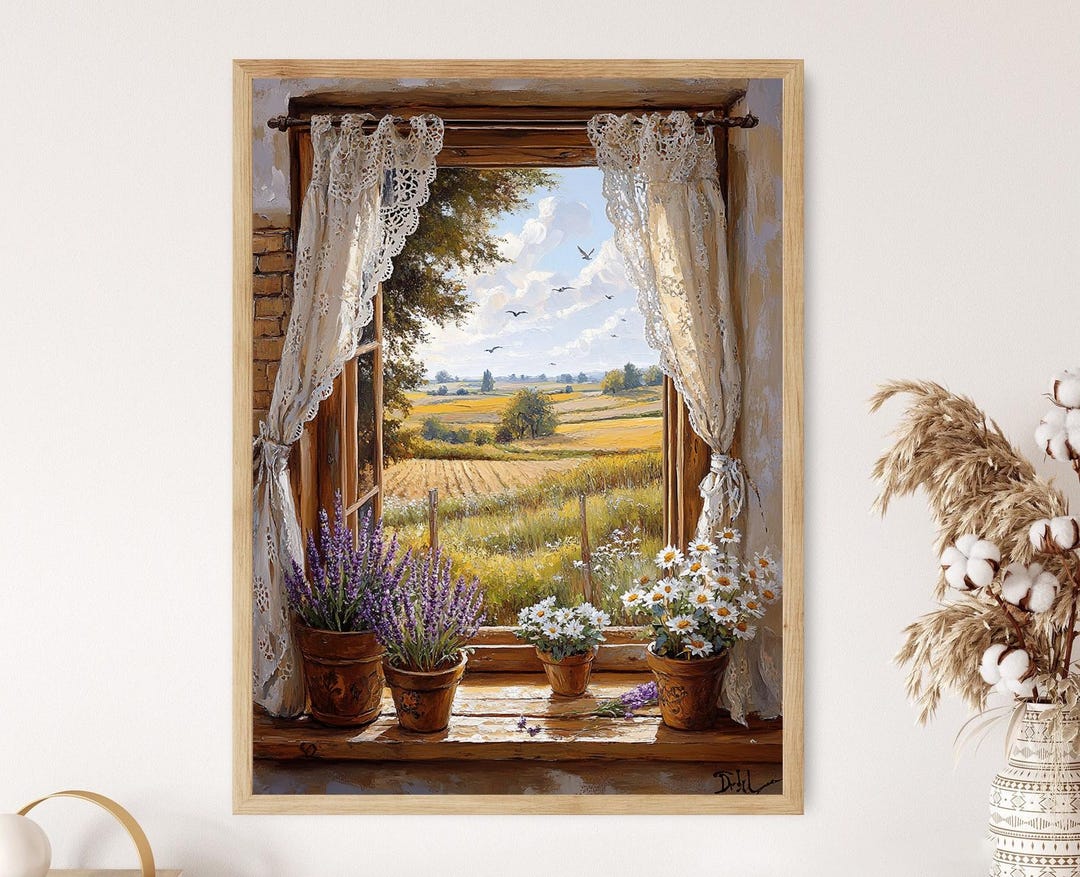 Cottagecore Window View Fine Art Print, Floral Curtain Painting ...