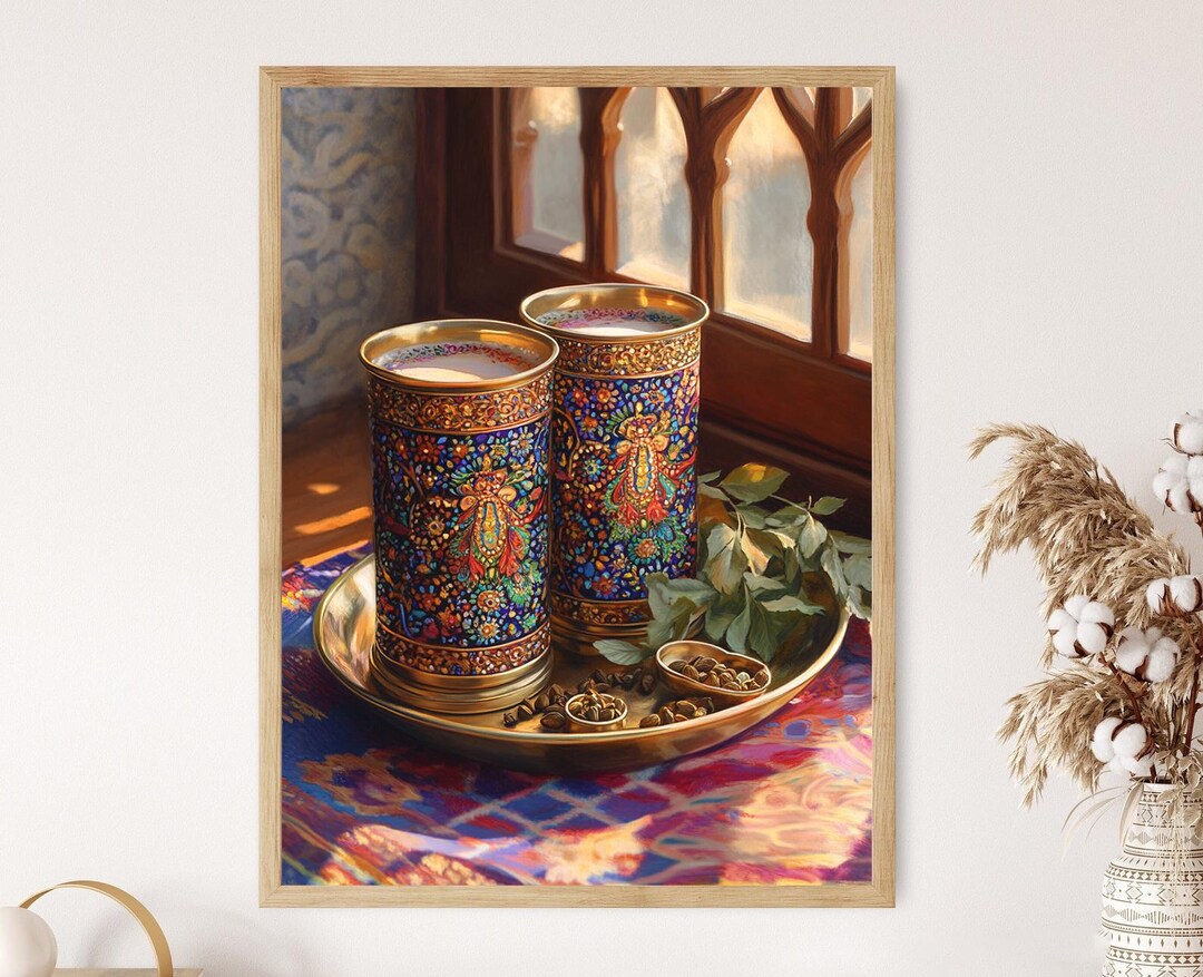 Indian Brass Lassi Glass Art Print, Rajasthani Meenakari Kitchen Decor ...