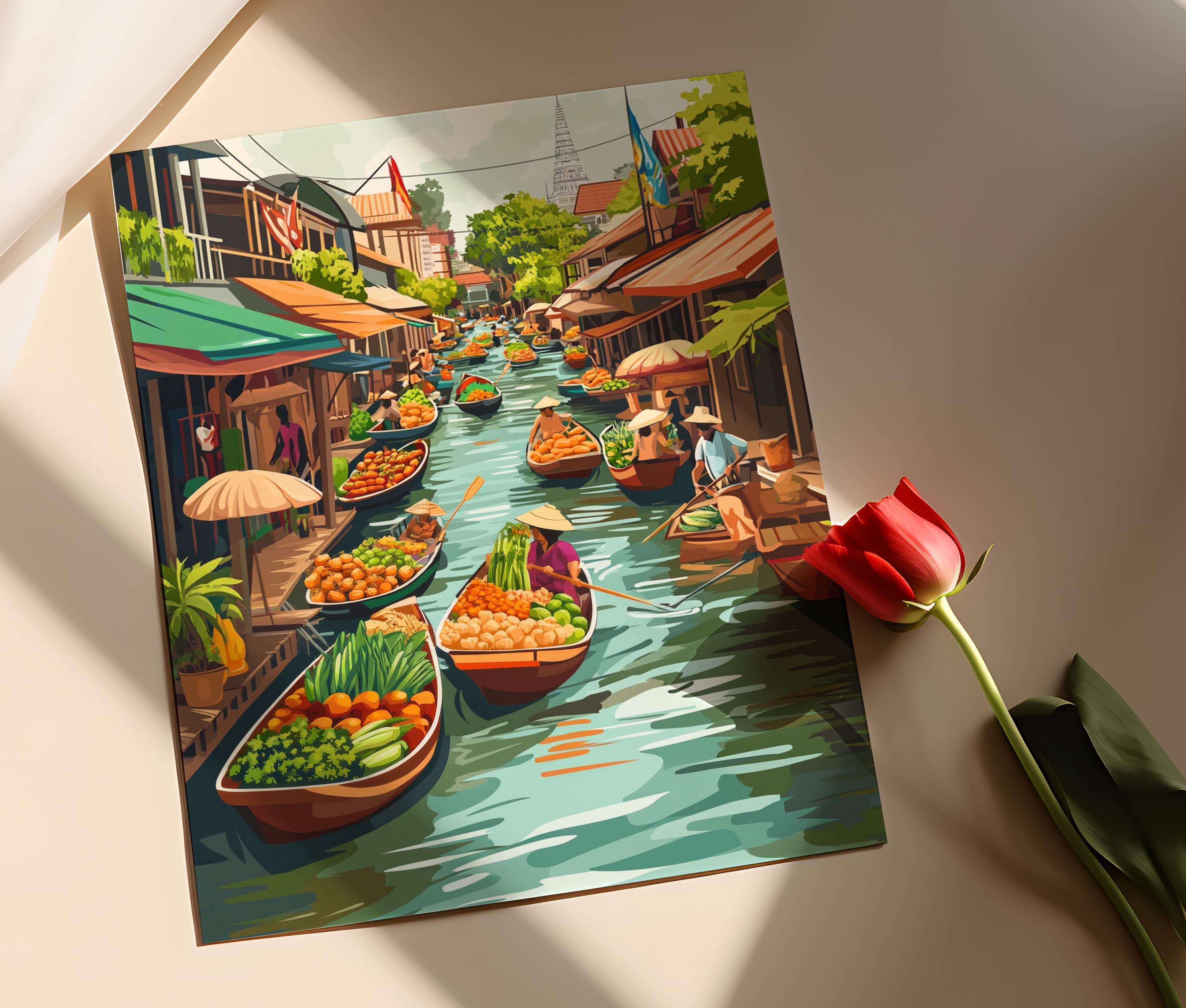 Bangkok Floating Market Art Print, Thailand, Colorful Boats ...