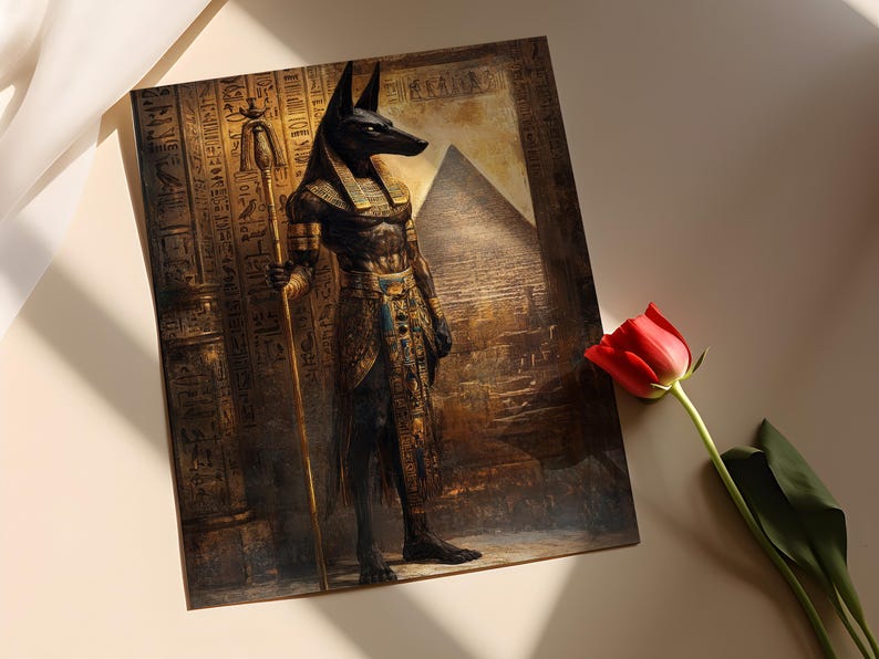 Anubis Art Print: Egyptian God of Afterlife, Glowing Temple ...
