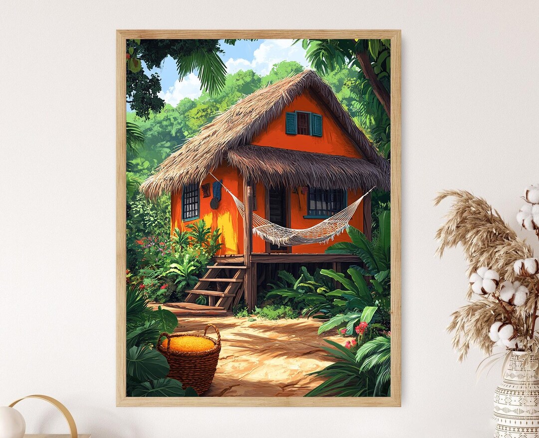 Guyanese Stilt House Poster, Traditional Tropical Home Scene, Flat ...