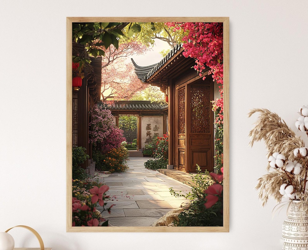 Hutong Courtyard Garden Art Print, Blooming Flowers and Wooden Doors - Etsy