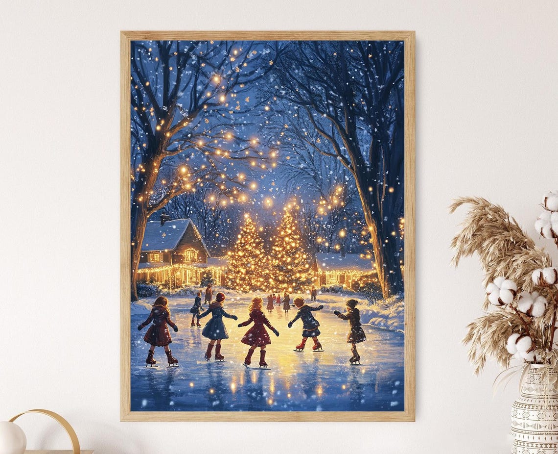Children Ice Skating Art Print, Frozen Pond and Falling Snow - Etsy