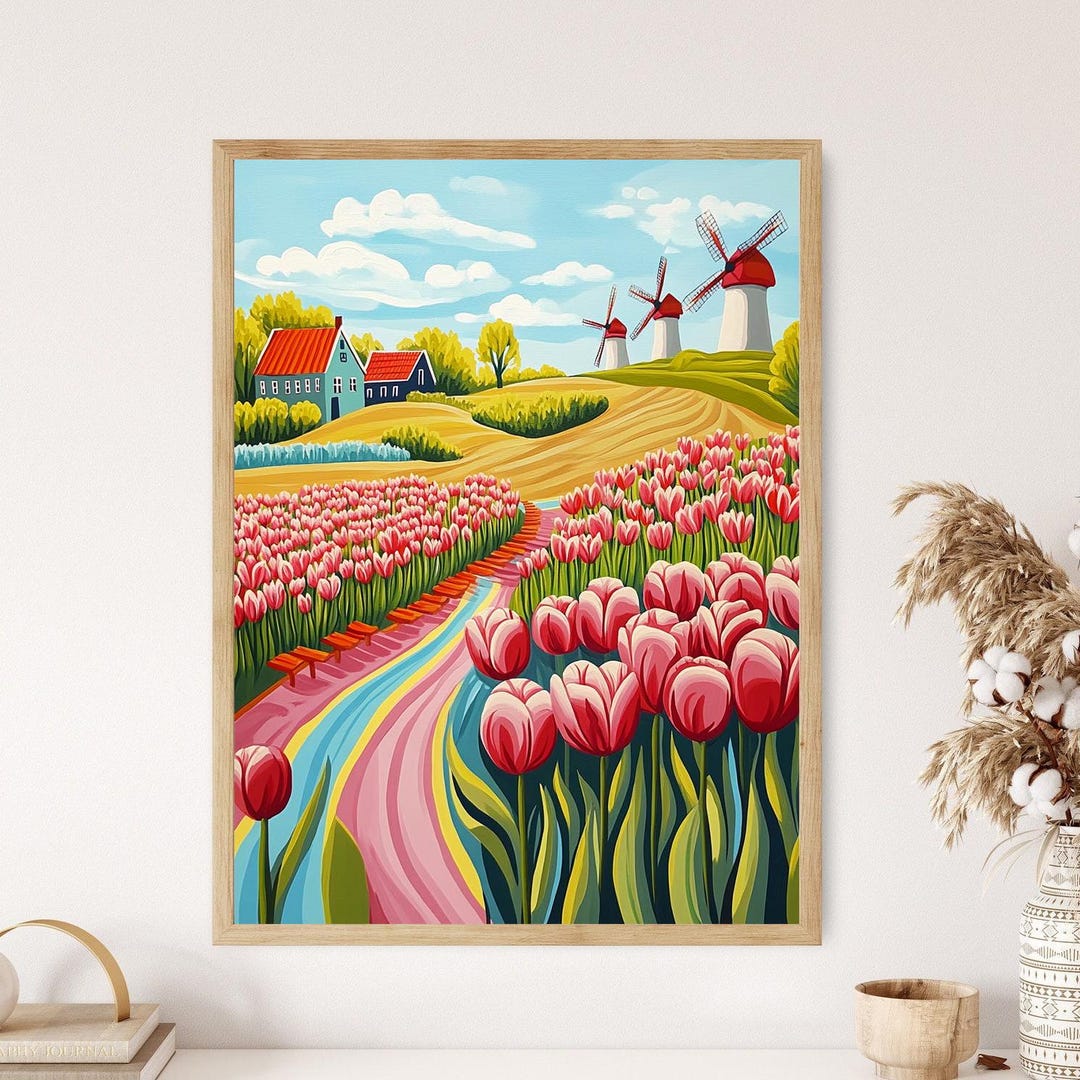 Dutch Tulip Festival, Naive Art Print, Wooden Clogs and Windmills - Etsy