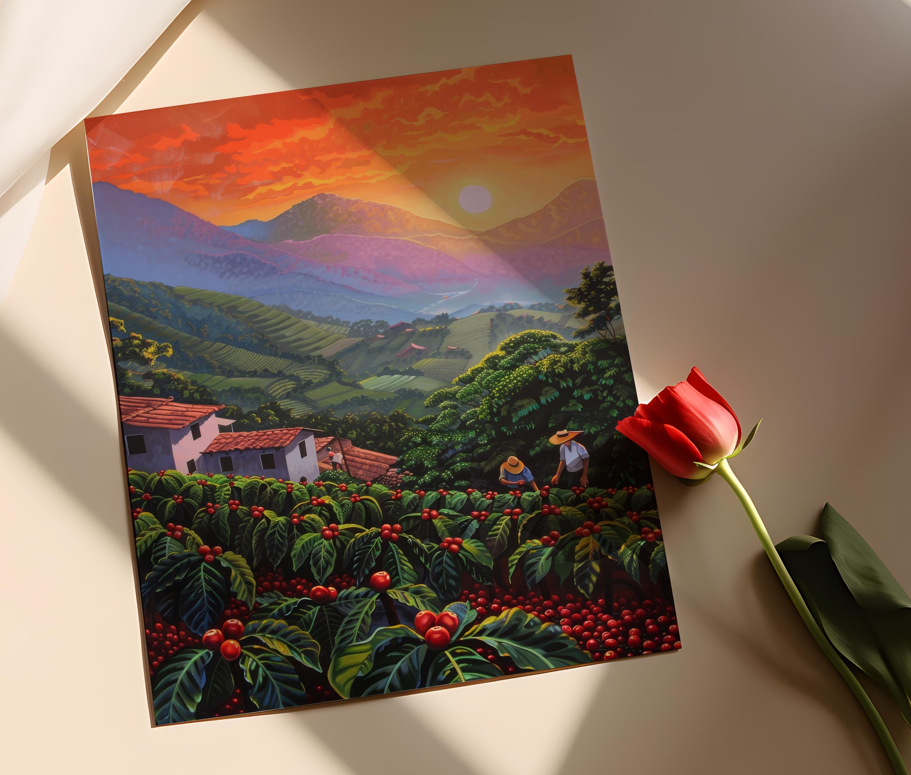 Mexican Coffee Plantation Sunrise Art, Farmers Picking Cherries ...