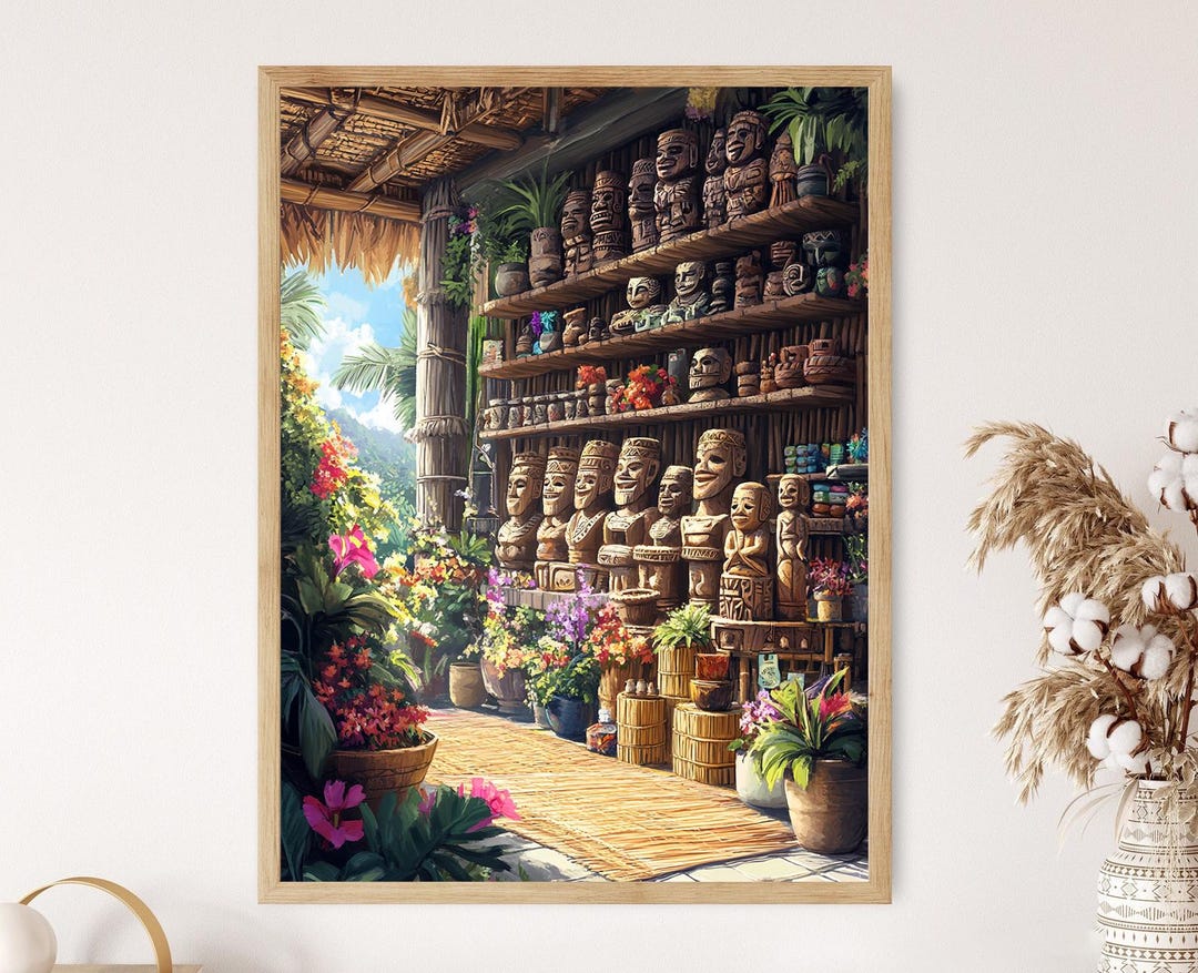 Tahitian Wooden Carvings Illustration, Tiki Statues and Masks Art Print ...