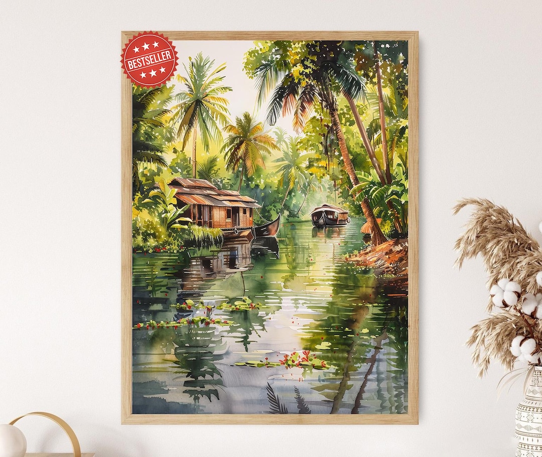Kerala Backwaters Art Print: Tranquil Indian Landscape With Houseboats ...
