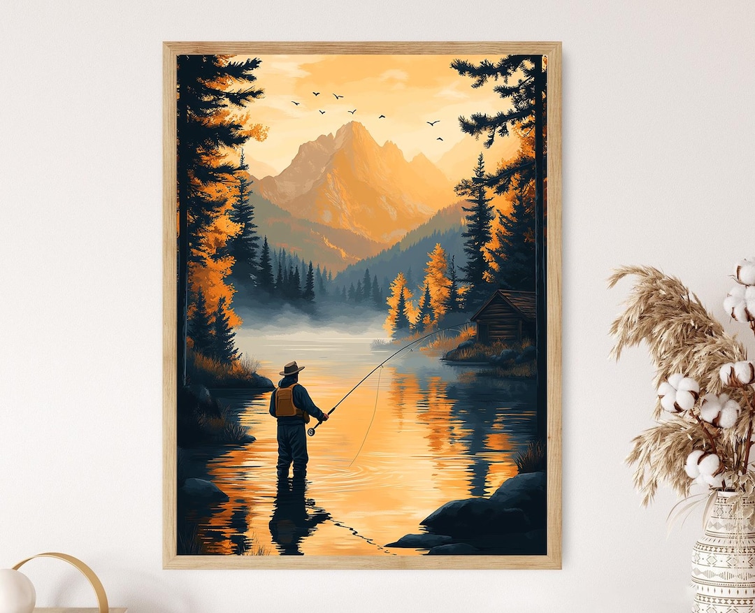 Fly Fishing Illustration, Mountain River Scene, Sunrise Fisherman Art ...
