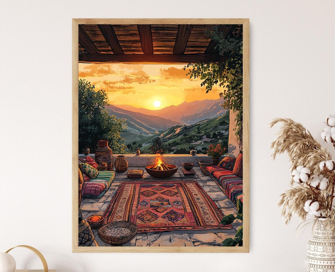 Chamchamal Rooftop Patio Art Print, Kurdish Rug and Pottery Decor ...