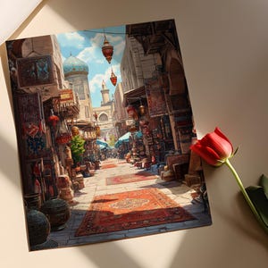 Tabriz Bazaar Illustration, Market View and Persian Rugs Art Print ...