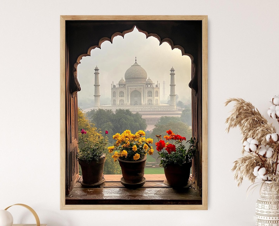 Taj Mahal Through Window Art Print, Floral Indian Landmark - Etsy