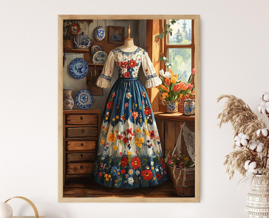 Kashubian Embroidered Dress Art Print, Traditional Polish Folk Costume ...