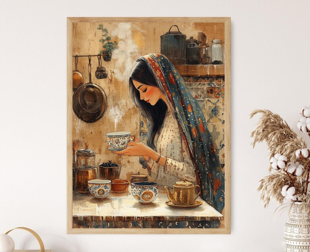 Kurdish Black Tea Art Print, Ornate Cups in Rustic Kitchen, Newroz ...