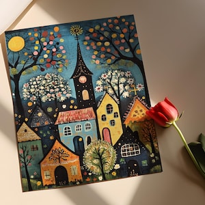 German Storybook Village Art Print, Rustic Naive Folk Art, Whimsical ...