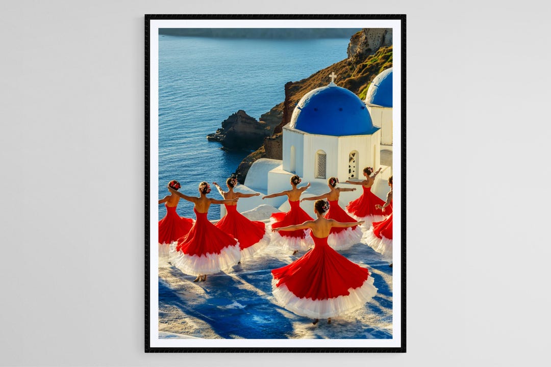 Greek Sirtaki Dance Art Print, Santorini Landscape - Etsy