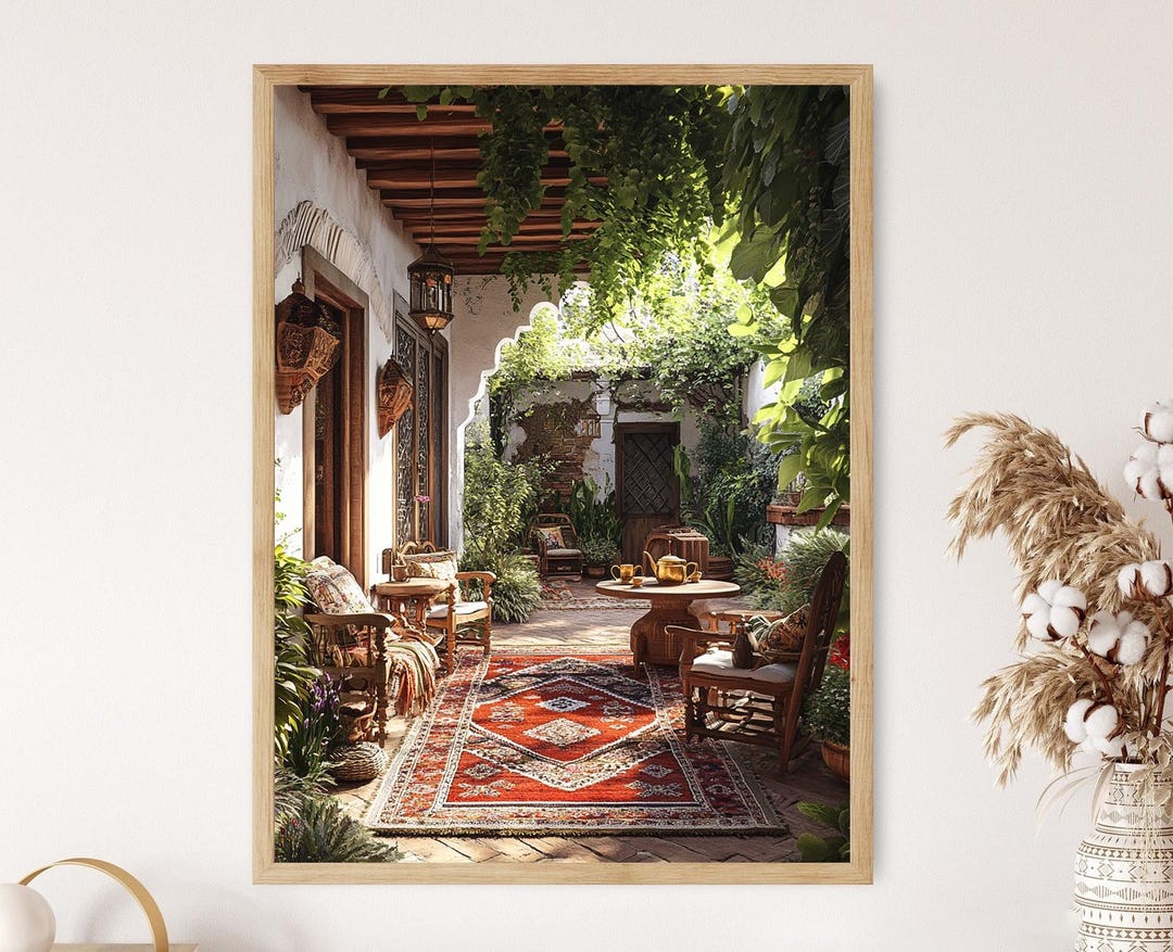 Peshawar Patio Art Print, Kilim Rug and Brass Tea Set Illustration ...