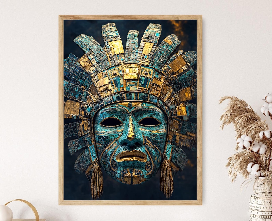 Aztec Ceremonial Mask Art Print, Turquoise Mosaic and Gold Details - Etsy