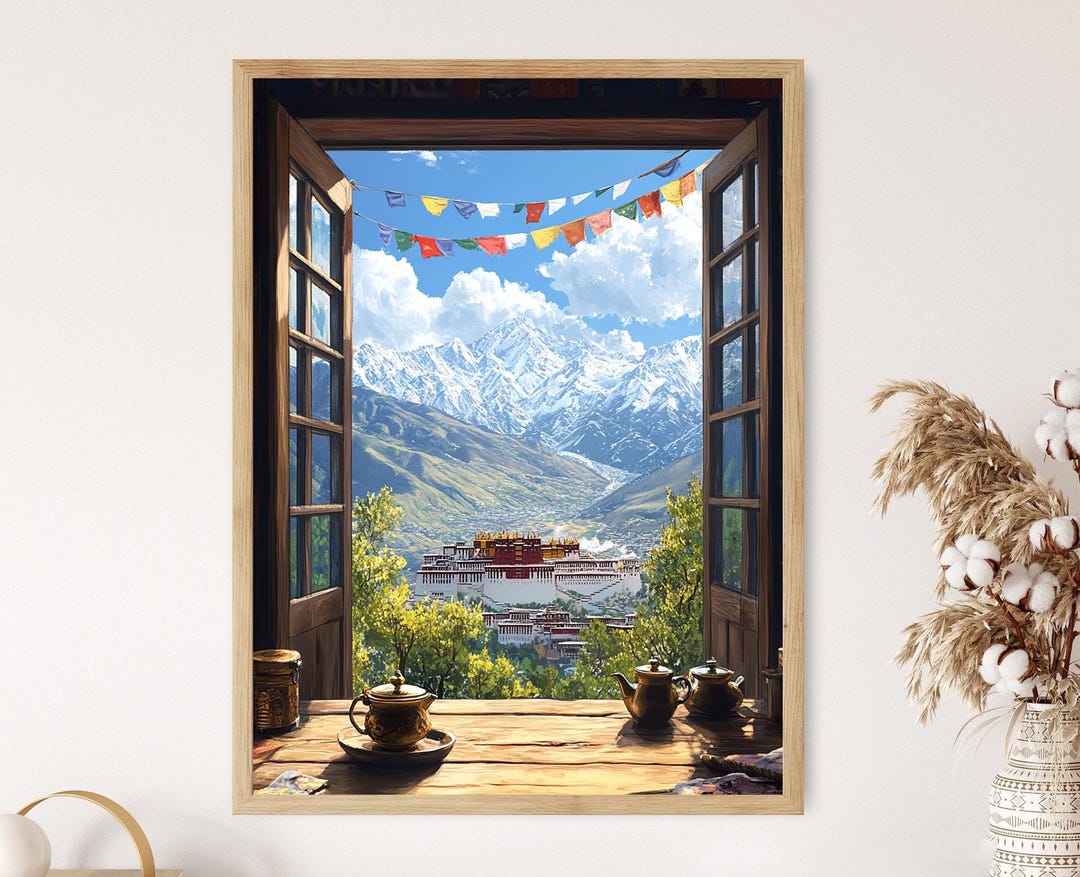 Potala Palace Window Illustration, Prayer Flags and Snowy Peaks Art ...