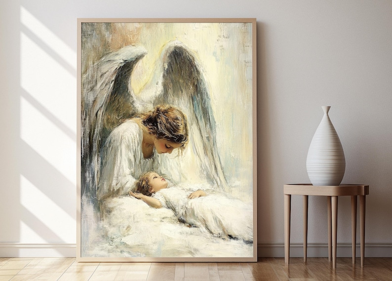 Guardian Angel Watching Over Child Art Print, Gentle Protection ...