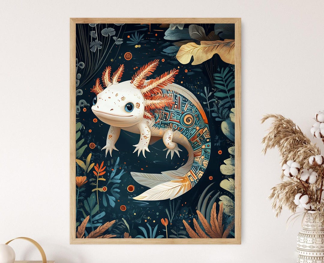 Mexican Axolotl Illustration, Aztec Patterns and Pond Art Print - Etsy