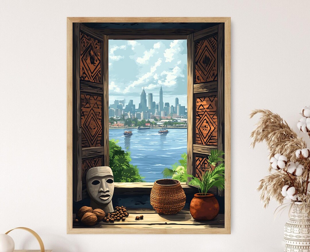 Lagos Wooden Window Illustration, Nigerian Yoruba Motifs, Cityscape ...