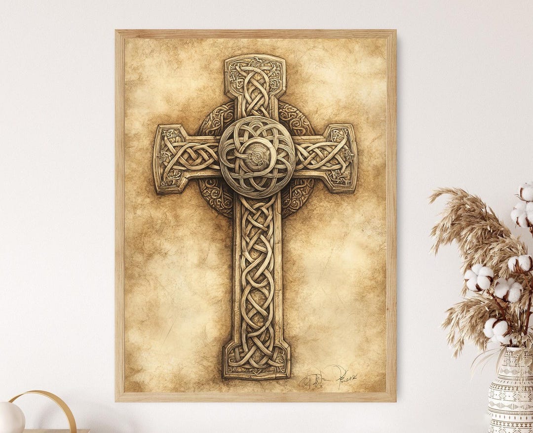 Celtic Cross Art Print, Interlacing Knots and Spirals, Parchment Style ...