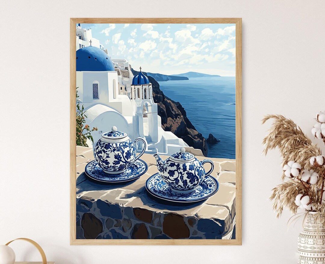 Greek Tea Set Art Print, Santorini Terrace Aegean Decor Poster - Etsy