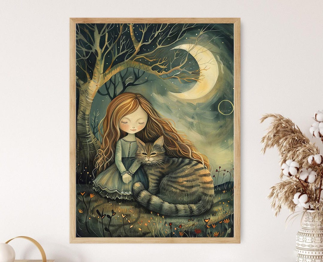 Whimsical Girl and Cat Art Print: Dreamlike Nursery Decor - Etsy