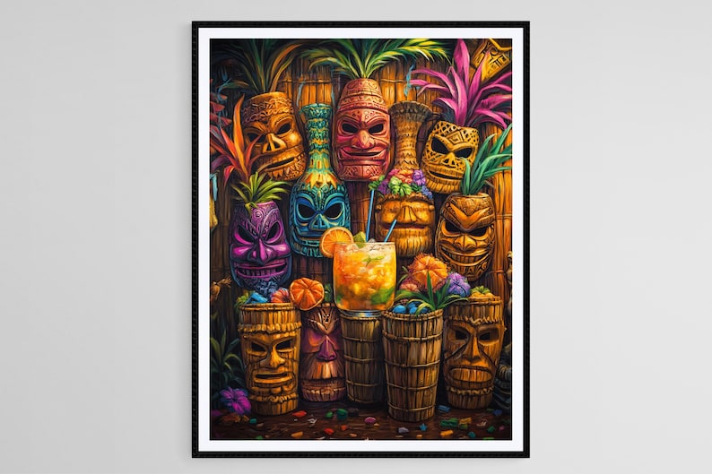 Hawaiian Tiki Bar Art Print, Colorful Masks and Tropical Drinks - Etsy