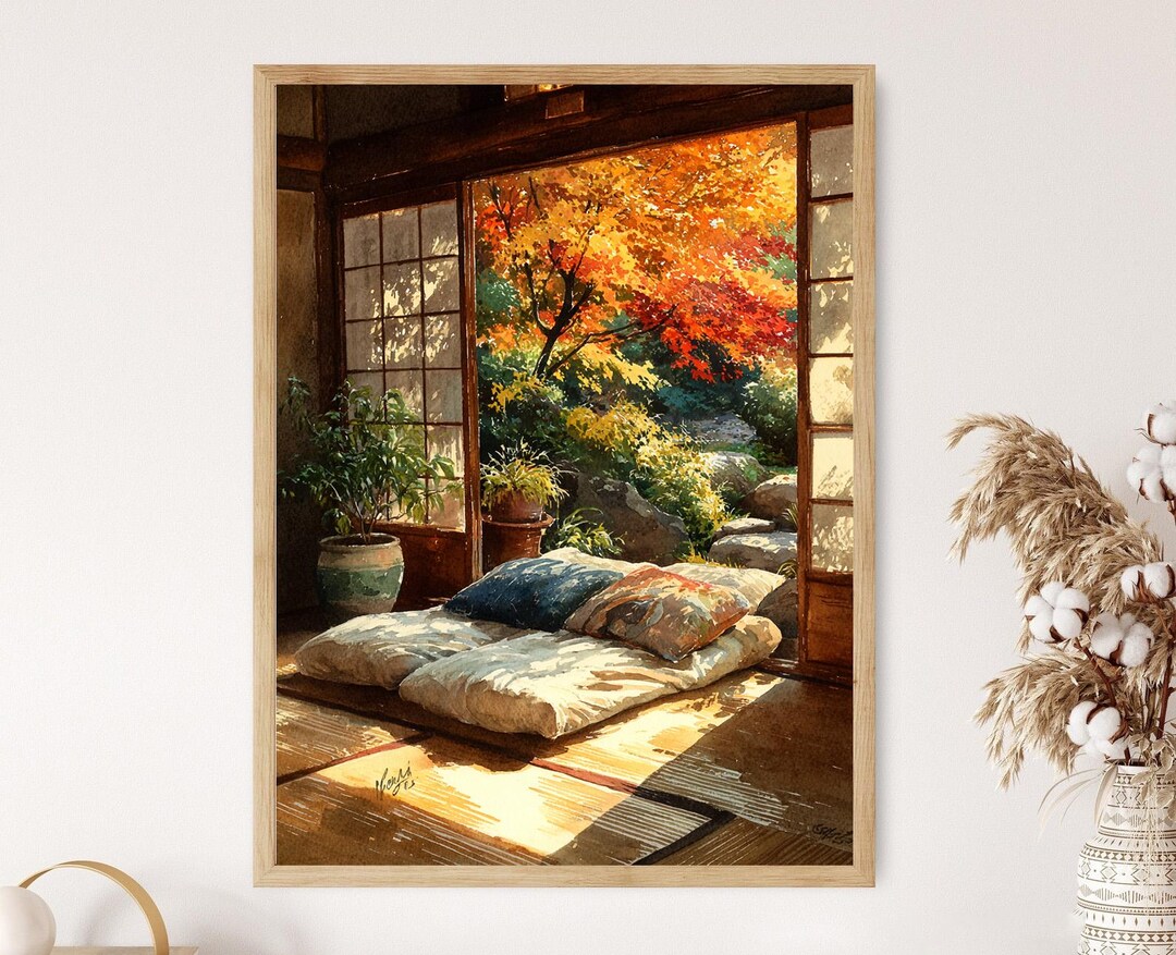Japanese Tatami Bed Nook With Shoji Screen and Maple Leaves, Autumn ...