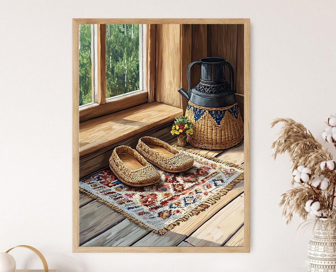 Russian Bast Shoes Illustration, Traditional Lapti Ornament Art Print ...