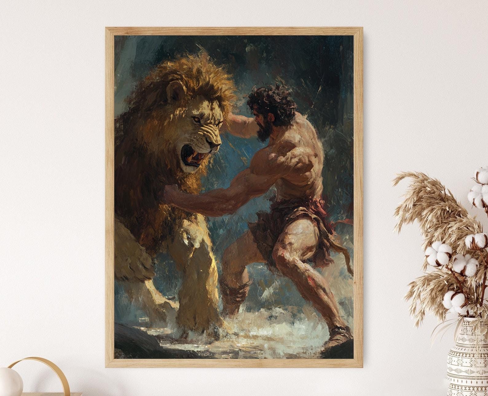 Hercules and Nemean Lion Art Print, Greek Mythology Hero Wall Decor ...