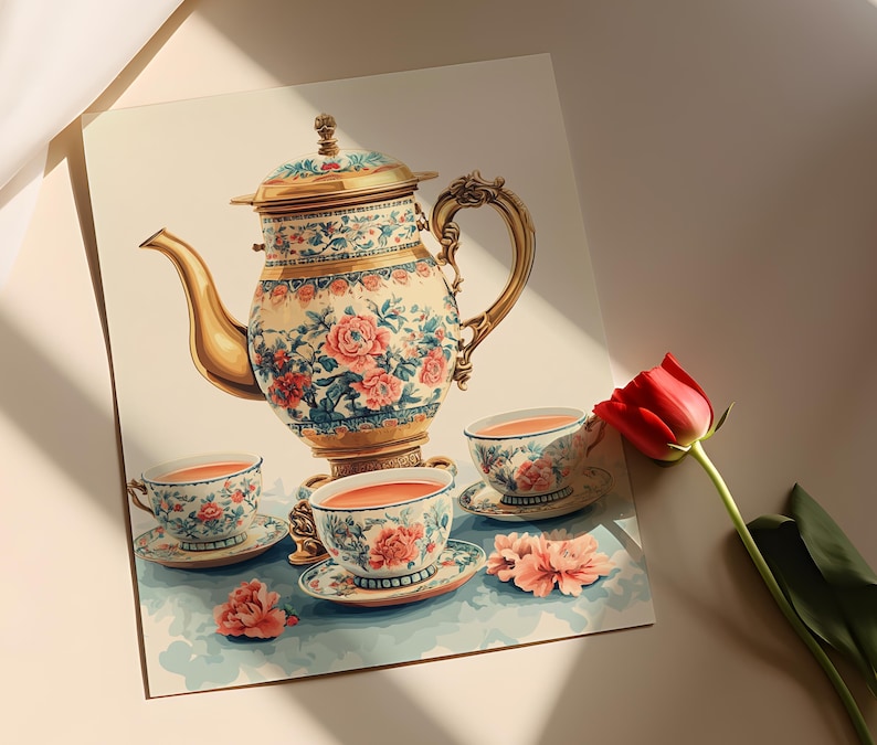 Afghan Tea Set Art Print, Traditional Brass Decor, Cultural Beverage ...