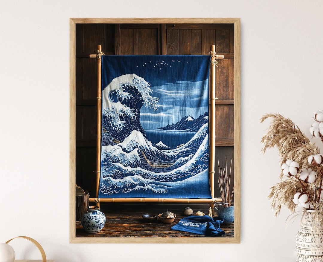 Japanese Sashiko Embroidery Art Print, Wave and Mountain Fabric Poster ...