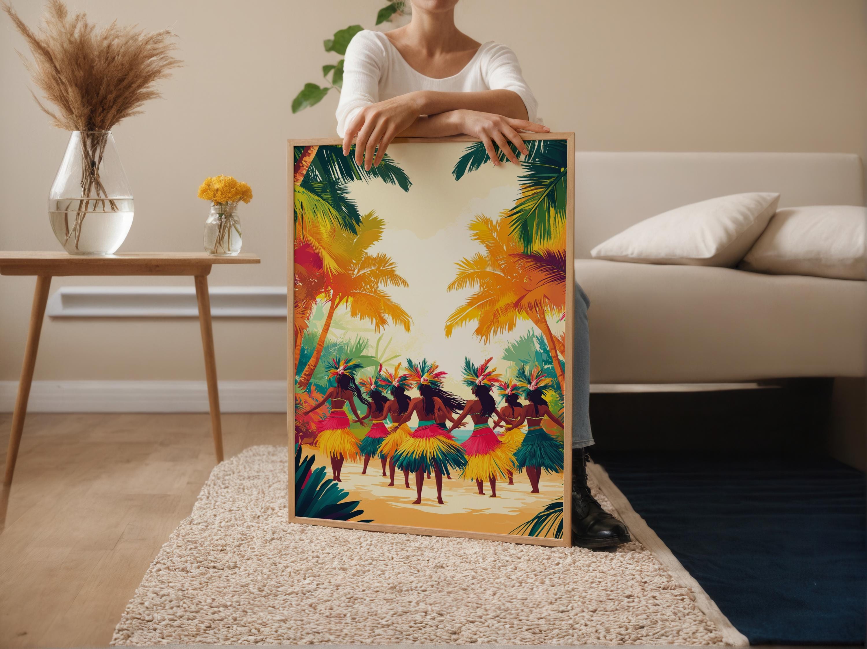 Tahitian Dancers Illustration, Tamure Dance and Pareo Art Print ...