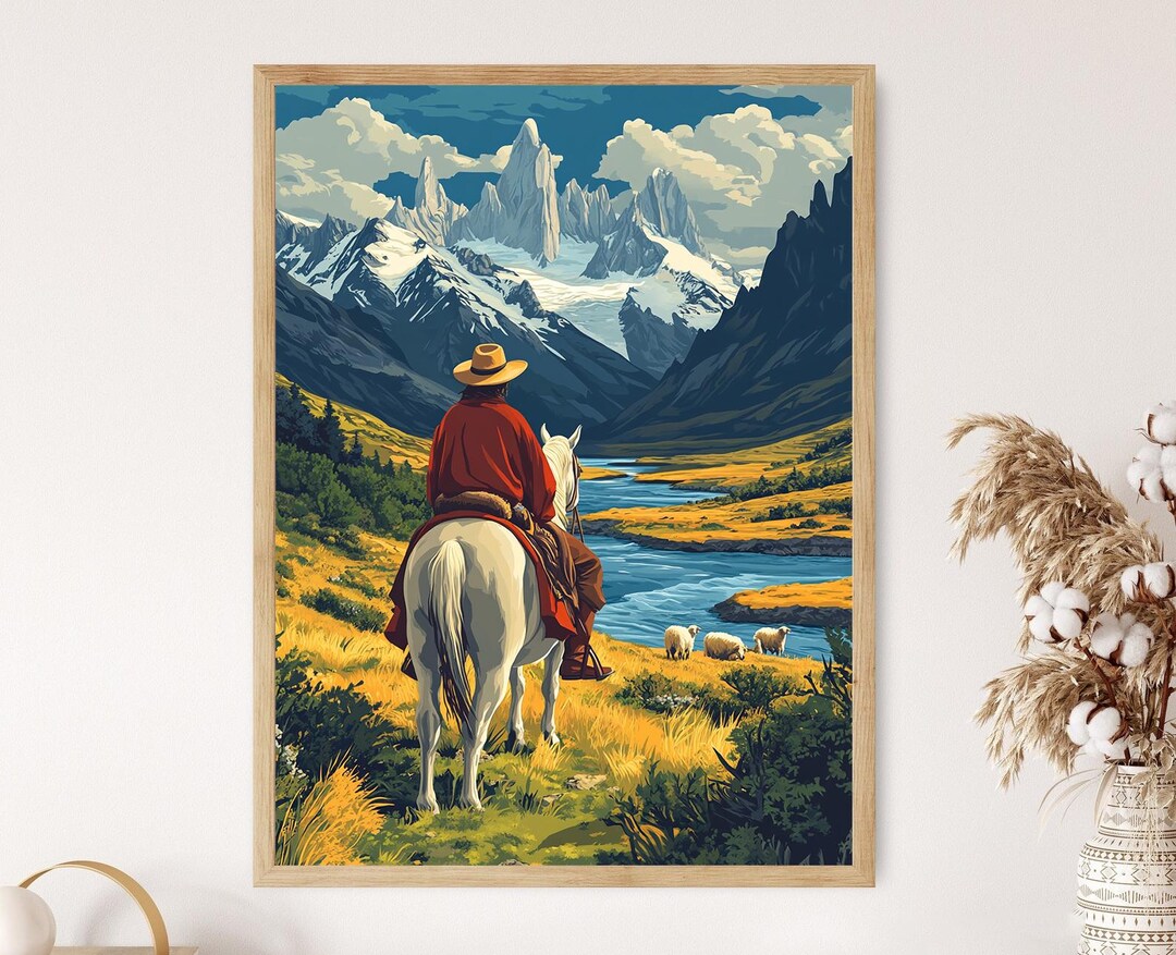 Chilean Farmer on Horse Illustration, Patagonia Landscape Art Print ...