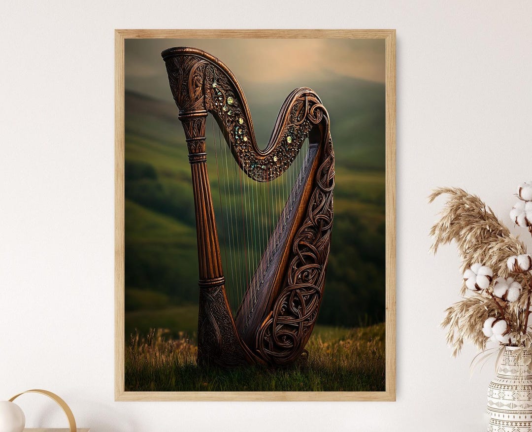 Celtic Harp Art Print, Intricate Knotwork, Music Symbols - Etsy