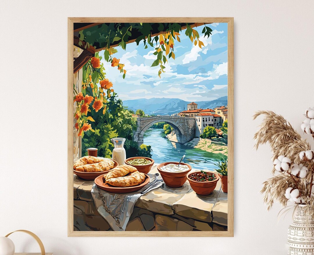 Macedonian Breakfast in Skopje, Burek and Stone Bridge Scene, Cultural ...
