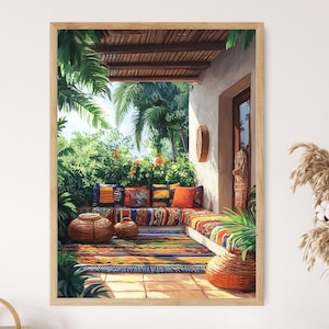 Ghanaian Rooftop Patio Art Print, Kente Cloth Decor Poster, Calabash ...