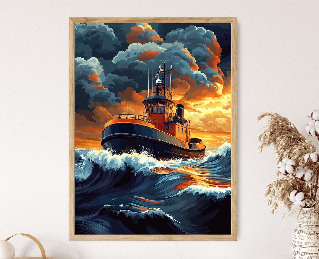 Bright Tugboat Towing Scene Poster, Bold Nautical Painting, Tug and ...