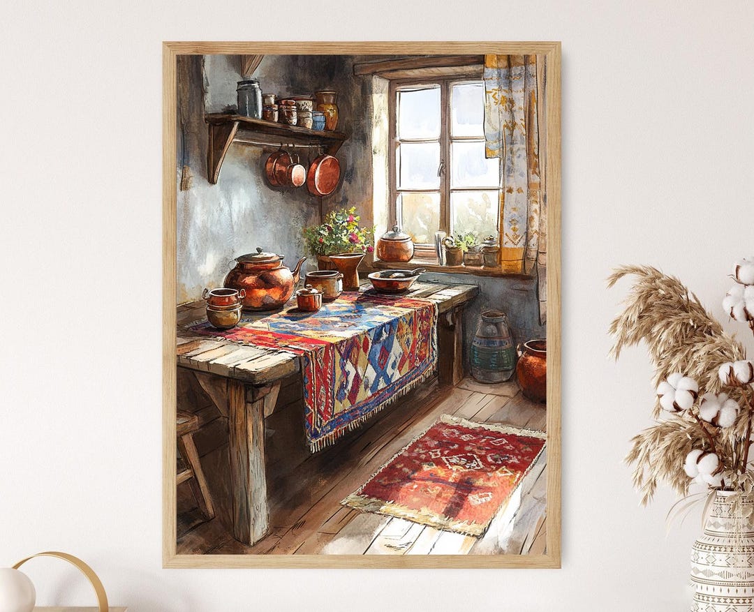 Azerbaijani Rustic Kitchen Art Print | Kilim Table Runner, Traditional ...