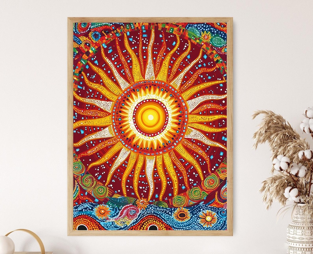 Australian Aboriginal Sun and Earth Art Print, Indigenous Dot Painting ...