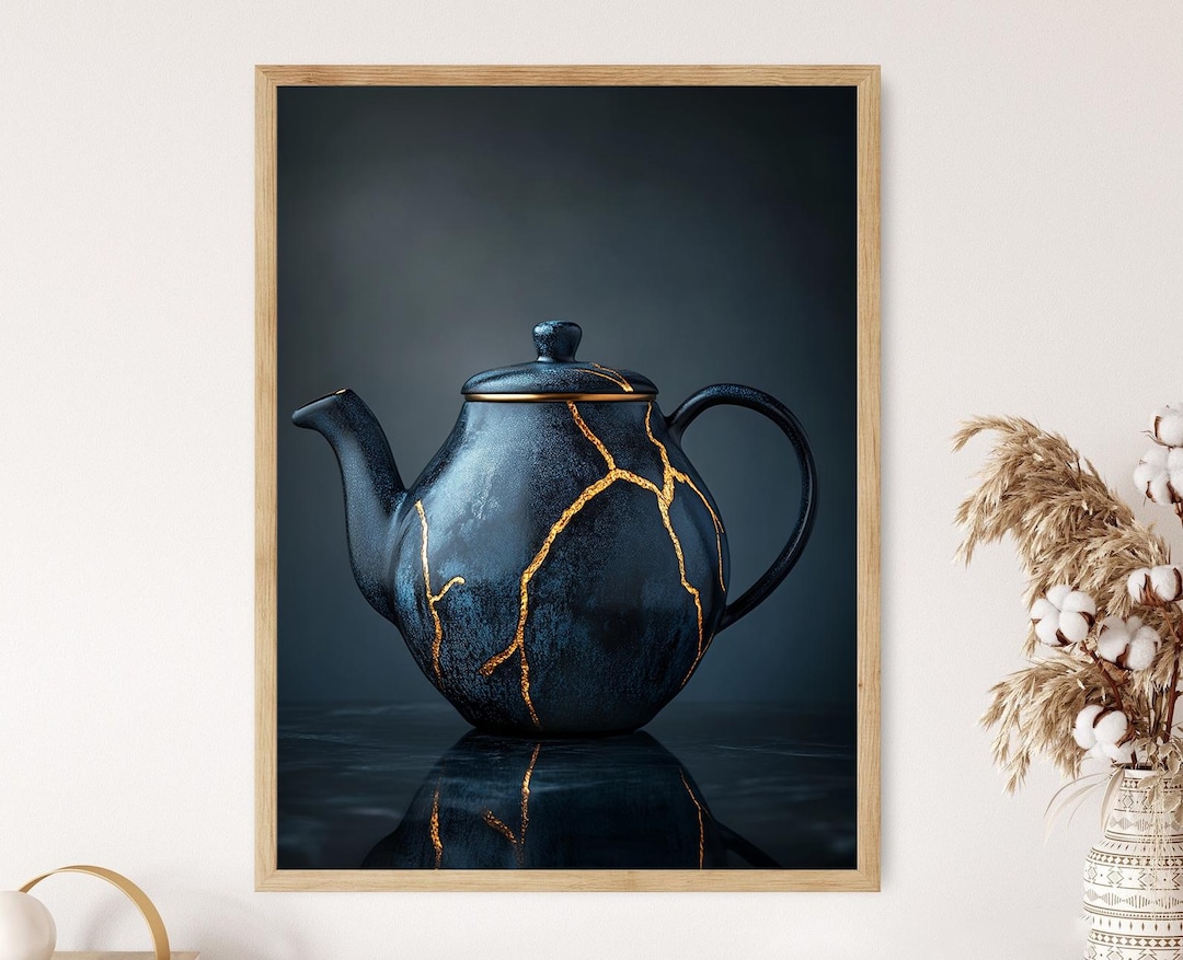 Kintsugi Tea Pot Art Print, Japanese Ceramic With Gold Repair, Elegant ...