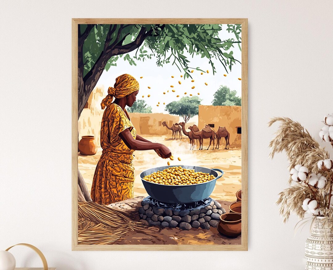 Sudanese Woman Roasting Peanuts Art Print, Traditional African Kitchen ...