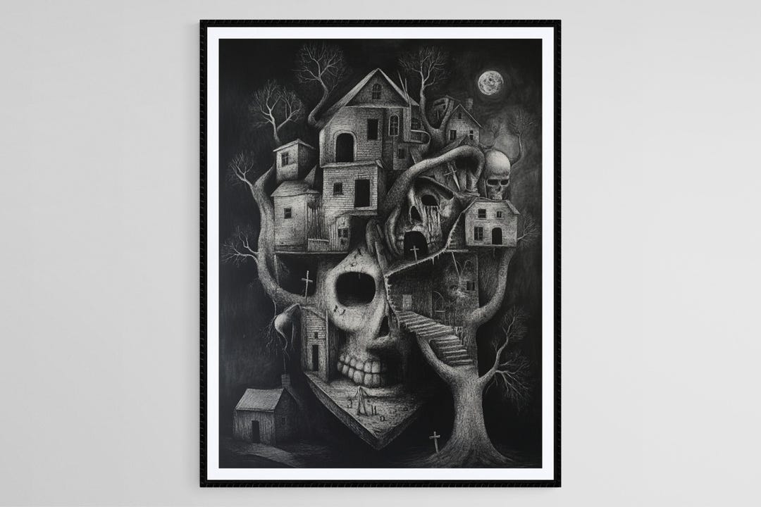 Dark Surrealist Skull House Art Print, Gothic Black and White Artwork ...